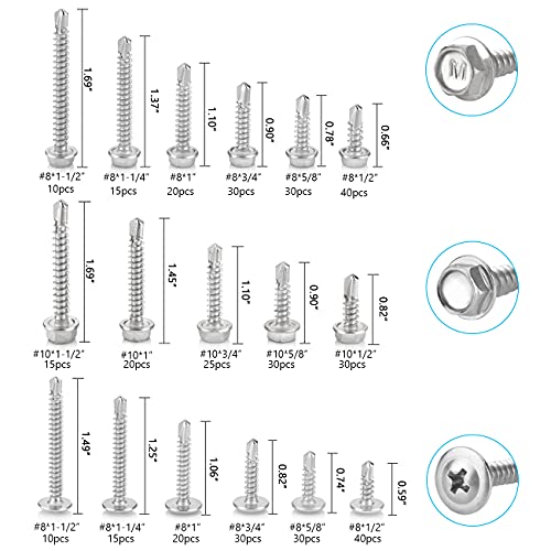 OIZEN 410PCS 410 Stainless Steel Self Drilling TEK Screw Assortment Kit (Silver),Hex Washer Head & Wafer Head Screws,Multiple Length
