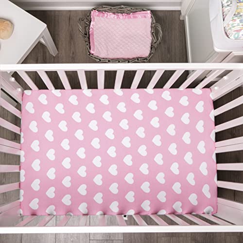 2 Pack n Play Mattress Sheets – 100% Jersey Knit Cotton Soft Portable Crib Mattress Sheets for Girls with Pink Heart and Gray Polka Dot Design; 2 Pc Playpen Mattress or Mini Crib Sheet Fitted Set