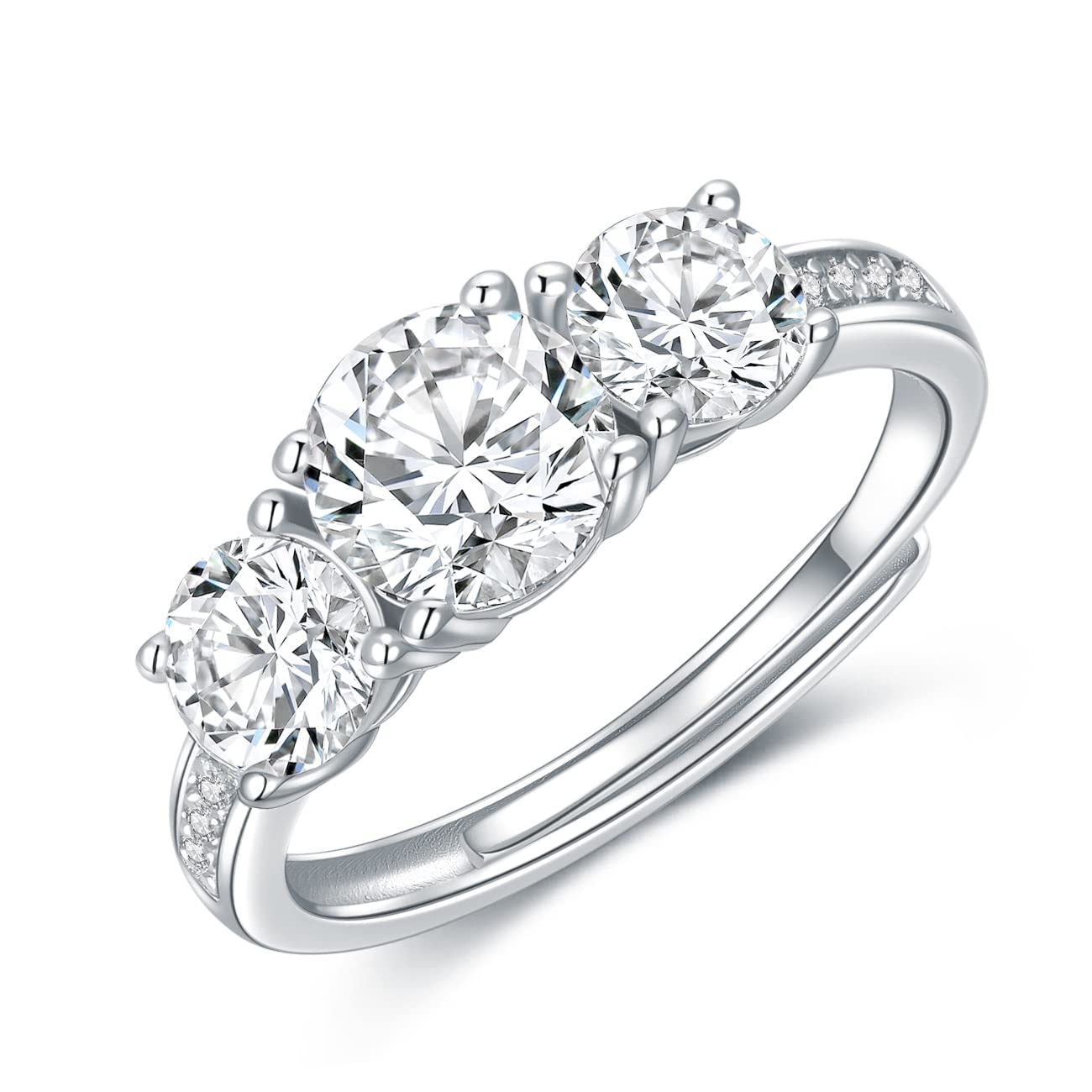 1 .15 Carat (ctw) 3-Stone Moissanite Adjustable Engagement Rings for Women Platinum Plated Silver Moissanite Rings (Adjustable size 5-9)