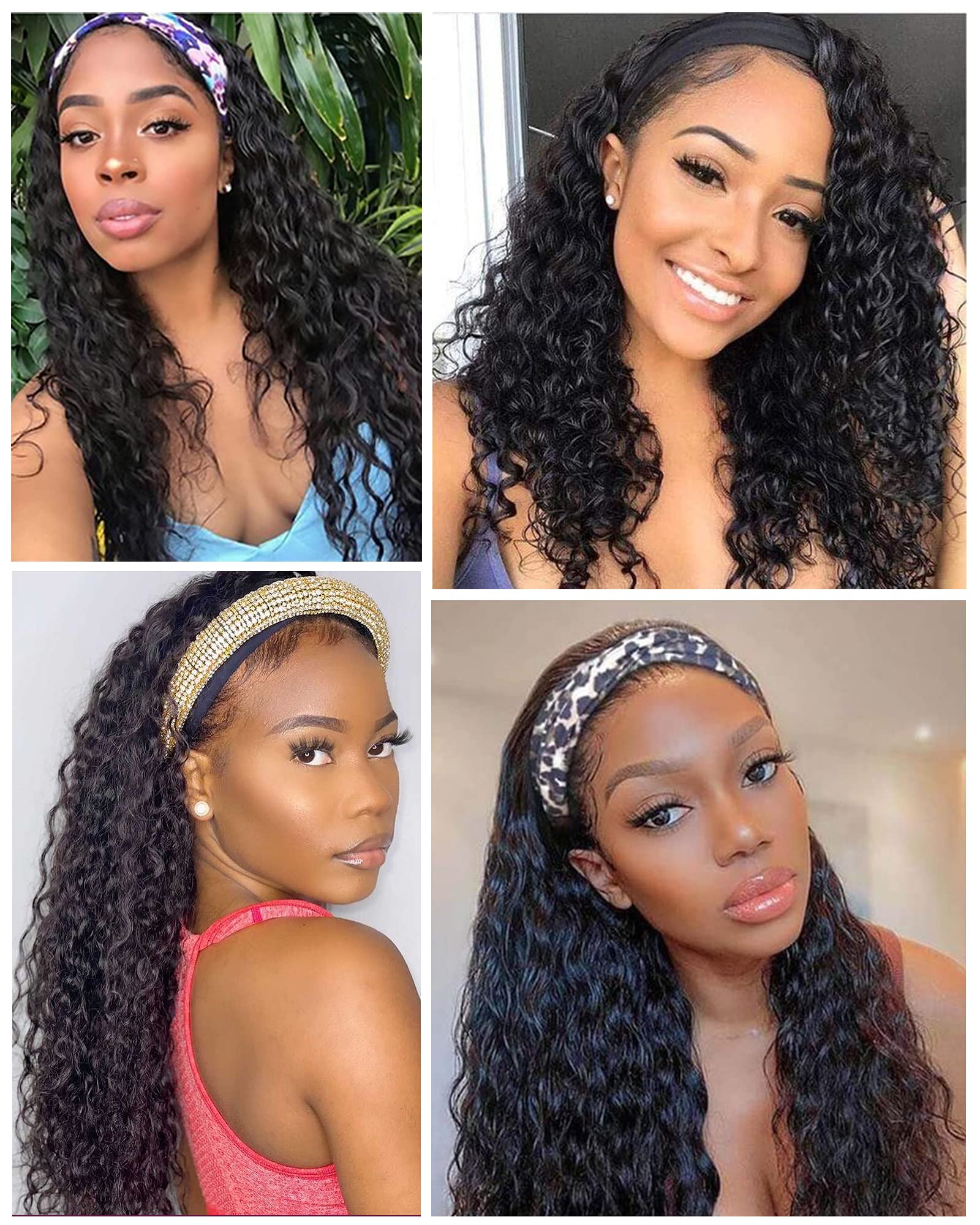 Alicoco Headband Wig Curly Headband Wigs for Women 180% Density Water Wave Glueless Wig Synthetic half Wig with Headbands Attached (26 Inch, 1B)