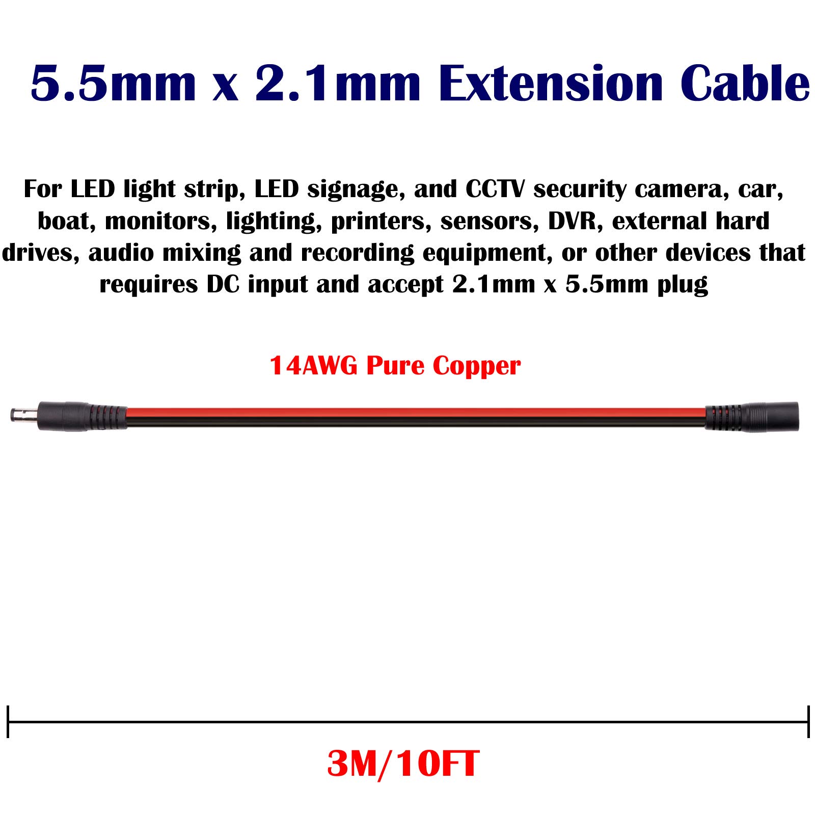 10ft 14AWG 12V DC Extension Cable DC 2.1mm x 5.5mm 5521 Power Supply Adapter Flat Extender Cord,Female to Male Wire for CCTV Security Camera,IP Network Camera,DVRs and More Devices