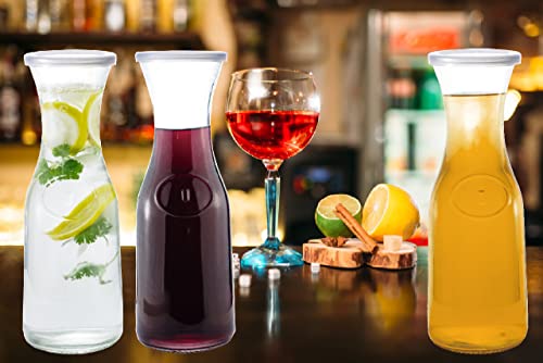Glass Carafe Pitcher 1 LITER Clear ZERO LEAD For Water, Wine, Milk, Juice, Mimosa Bar With ZERO BPA Easy snap on Lids - 34 Ounces (PACK OF 3)