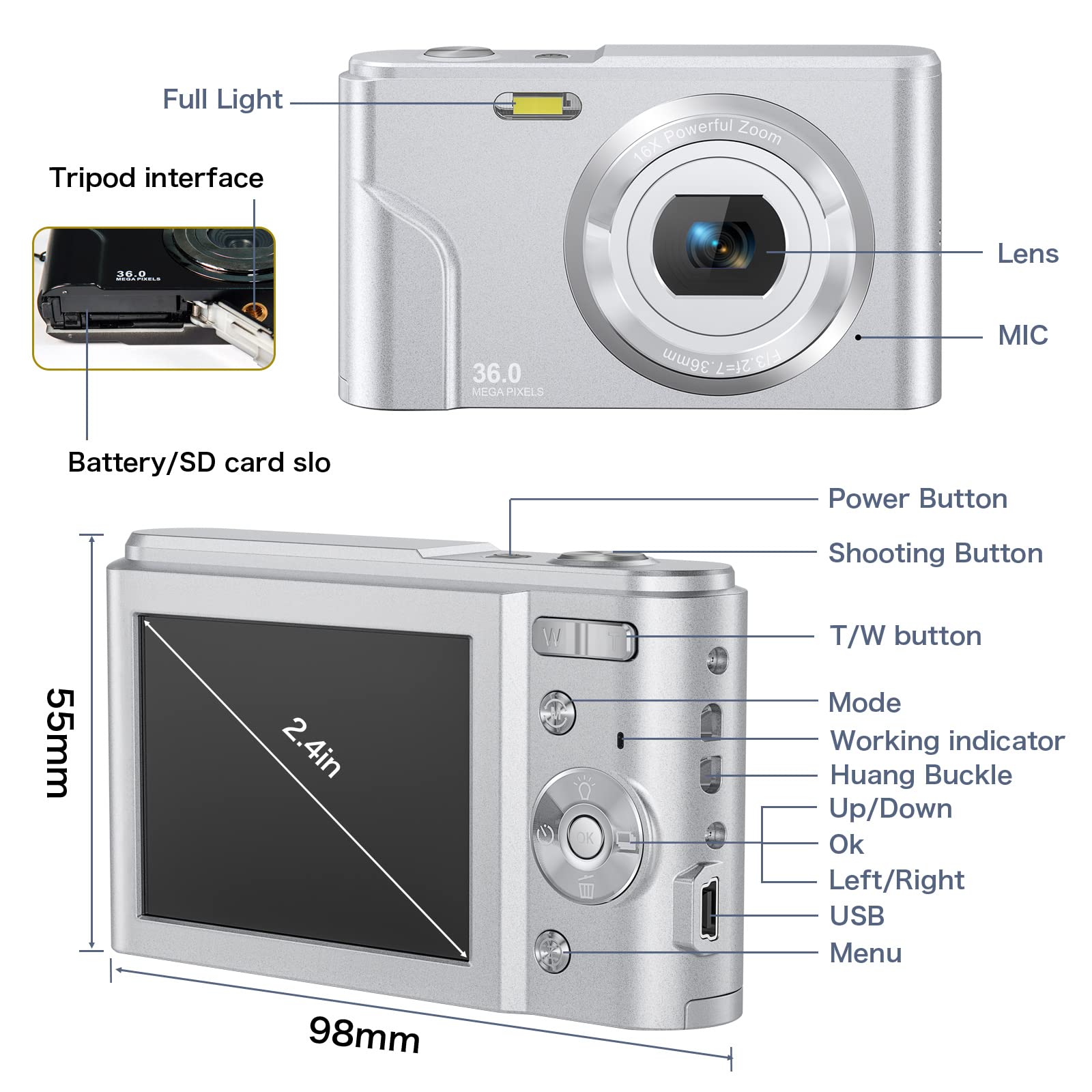 Digital Camera for Kids Boys and Girls - Digital Camera, Full HD 1080P 36.0 Mega Pixels Vlogging Camera with 16X Digital Zoom, LCD Screen for Students, Teens, Kids (Silver)