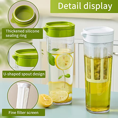 2Pcs Plastic Water Pitcher,Water Carafe BPA Free Iced Tea Pitchers,Airtight Fruit Infuser Water Pitcher for Fridge Door,Homemade Iced Coffee and Lemonade 1.1L/38Oz(white green)