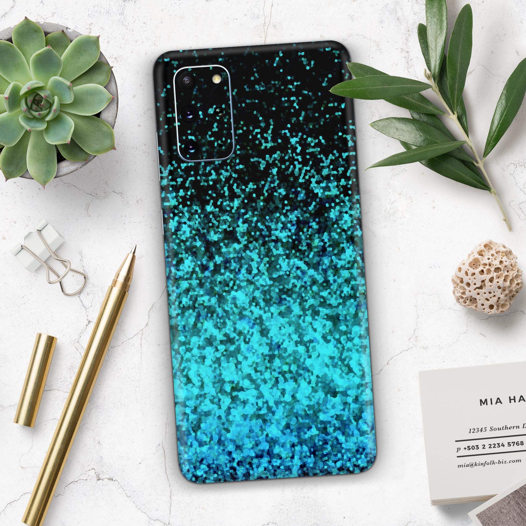 DesignSkinz Black and Turquoise Unfocused Sparkle Print Protective Vinyl Decal Wrap Skin Cover Compatible with The Samsung Galaxy S20 (Screen Trim & Back Glass Skin)