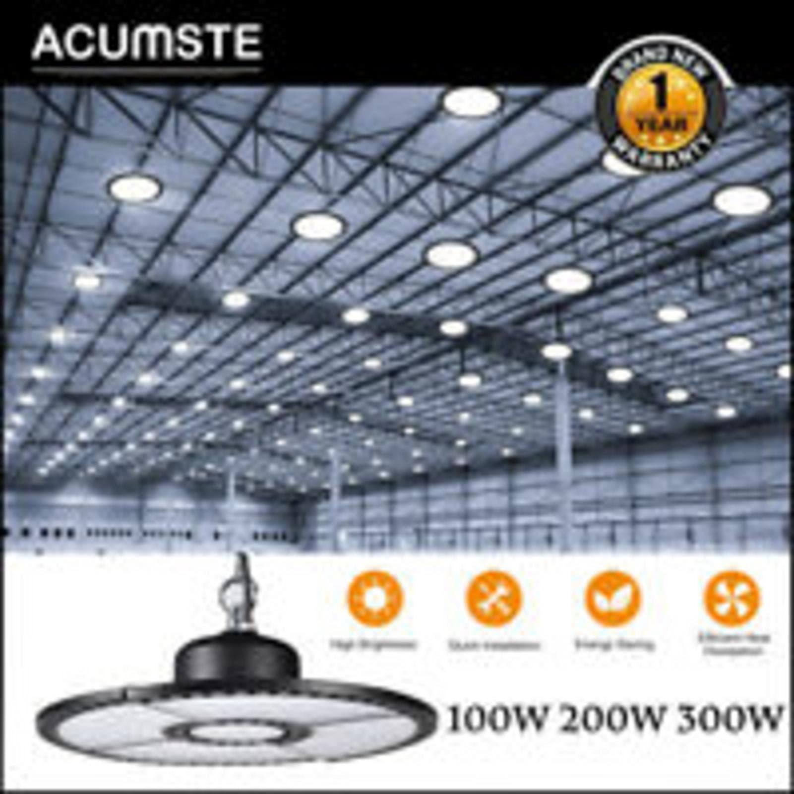 WUWAI 100W 200W 300W UFO LED High Bay Lights, 6500K Daylight White Ultra Thin Highbay Light Fixtures, IP65 Waterproof Bay Lighting for Garage Factory Warehouse Gym