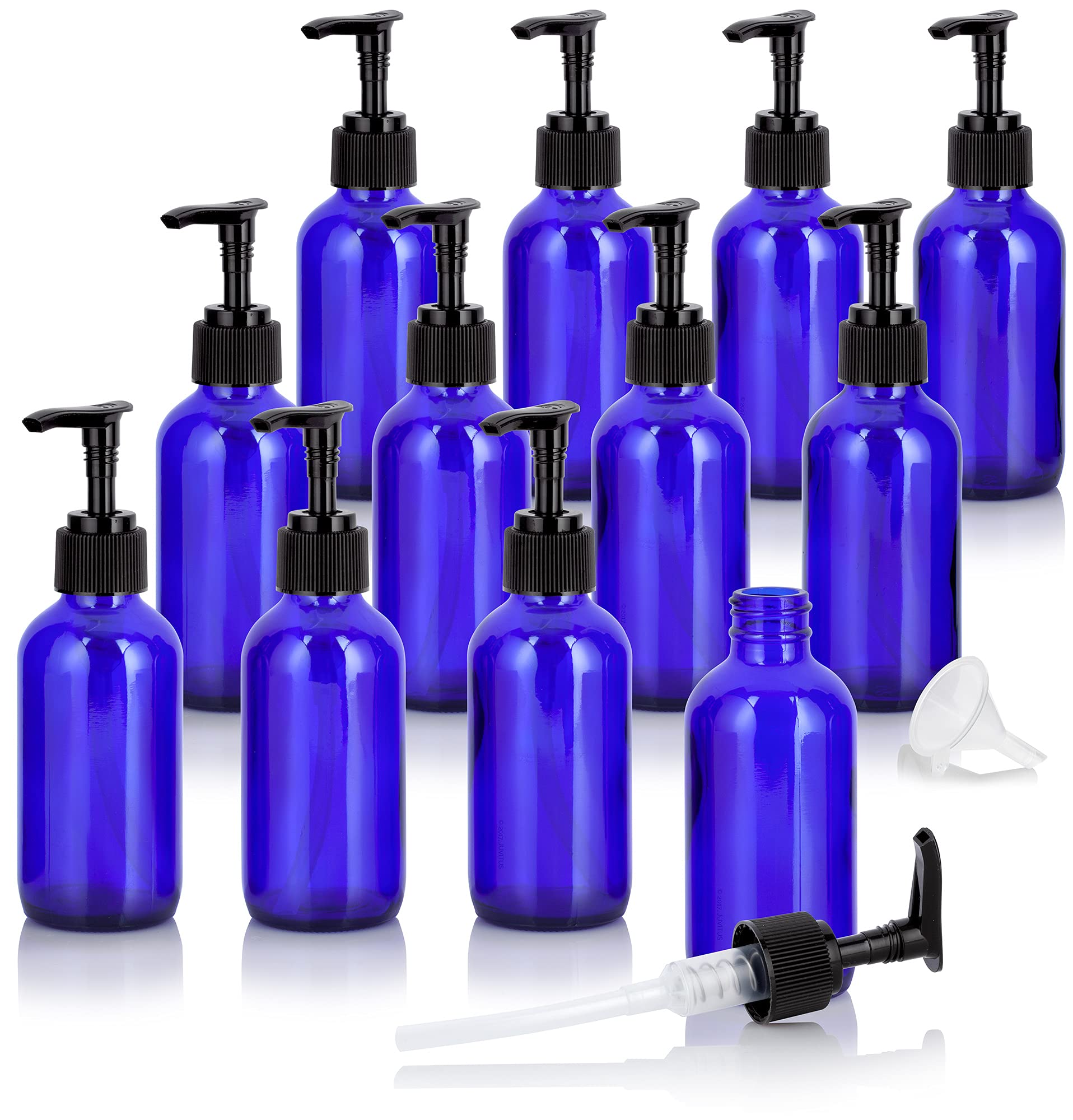 4 oz Cobalt Blue Glass Boston Round Bottle with Black Lotion Pump (12 Pack) + Funnel