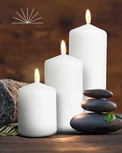 Cone Top Pillar Candles by Bask - Set of 3-3" x 4", 6", and 8" Dripless Unscented Candles in White for Home Decor, Relaxation & All Occasions