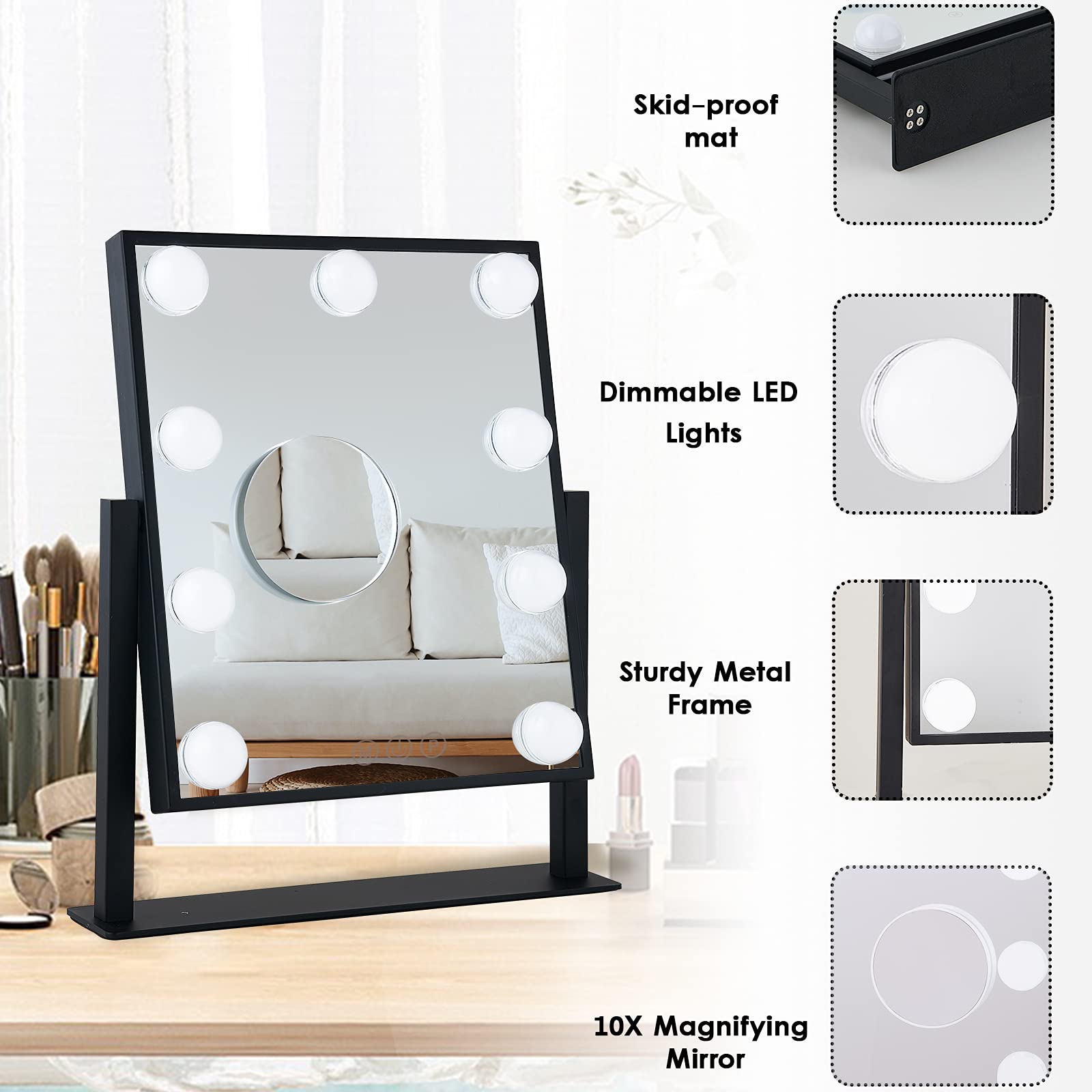 BWLLNI Lighted Makeup Mirror Hollywood Mirror Vanity Mirror with Lights, Touch Control Design 3 Colors Dimable LED Bulbs, Detachable 10X Magnification, 360°Rotation, Black.