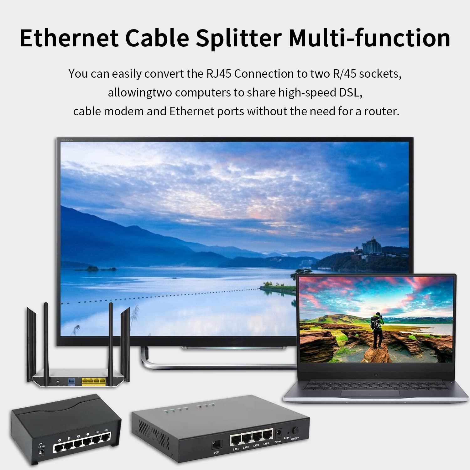 Duttek RJ45 Splitter Ethernet, RJ45 Ethernet Port Splitter, RJ45 1 Male to 2 Female Adapter for Ethernet Cat 5/CAT 6 LAN Ethernet Cable Extender Surf Online at The Same time 50cm/1.64 FT (1 Pair)