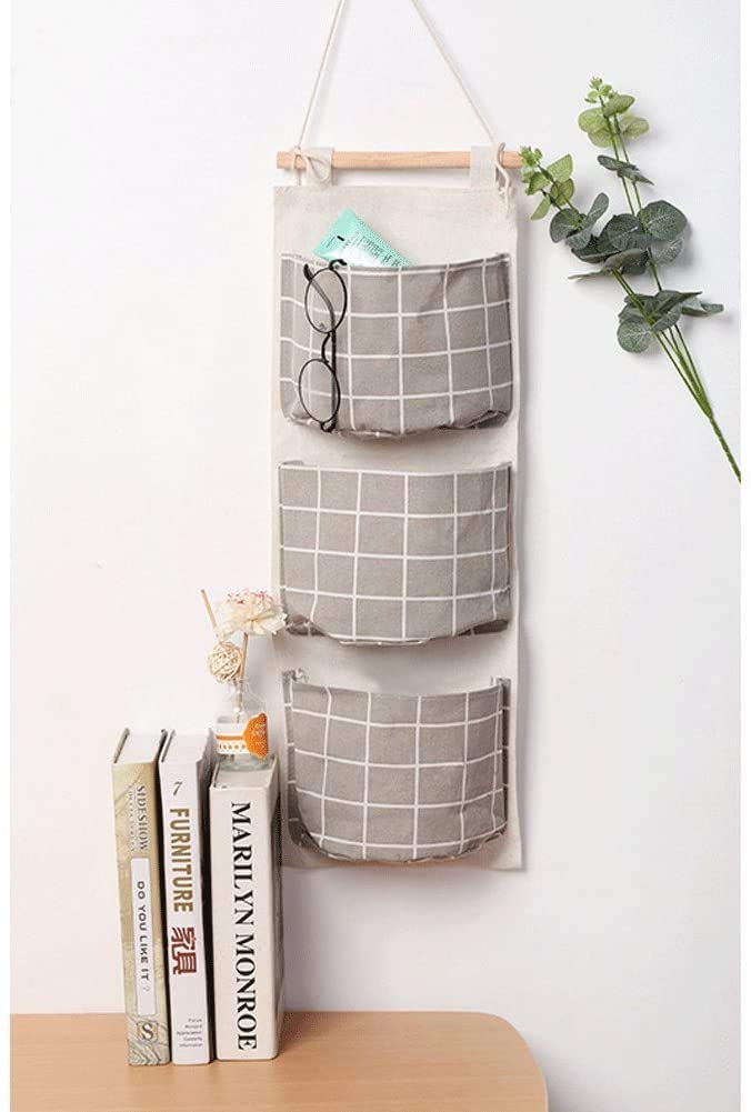 2 Packs Linen Cotton Fabric Wall Door Closet Hanging Storage Bag 3 Pockets Over The Door Organizer for Room Bathroom