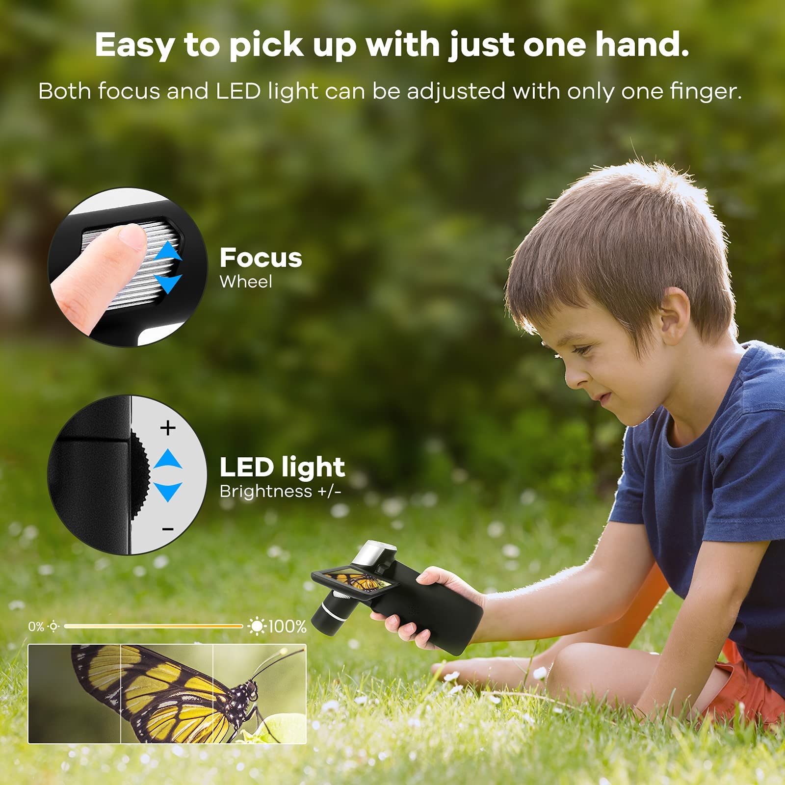 Andonstar AD203 Handheld Digital Microscope, Portable Pocket Microscope with 4 inch Screen for Kids and Adults, Black, Electronic FHD Video Microscope, Supports Windows Mac PC, USB Coin Microscope