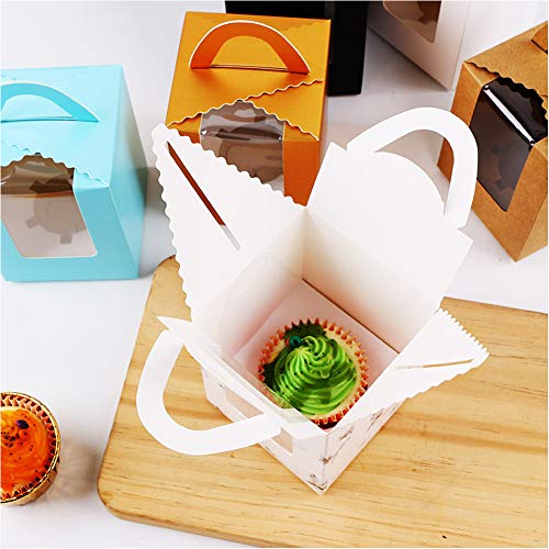 50 Pack Cupcake Boxes Individual, Portable Single Cupcake Carrier With Window Insert and Handle, Cupcake Boxes Individual Blue For Bakery Wrapping