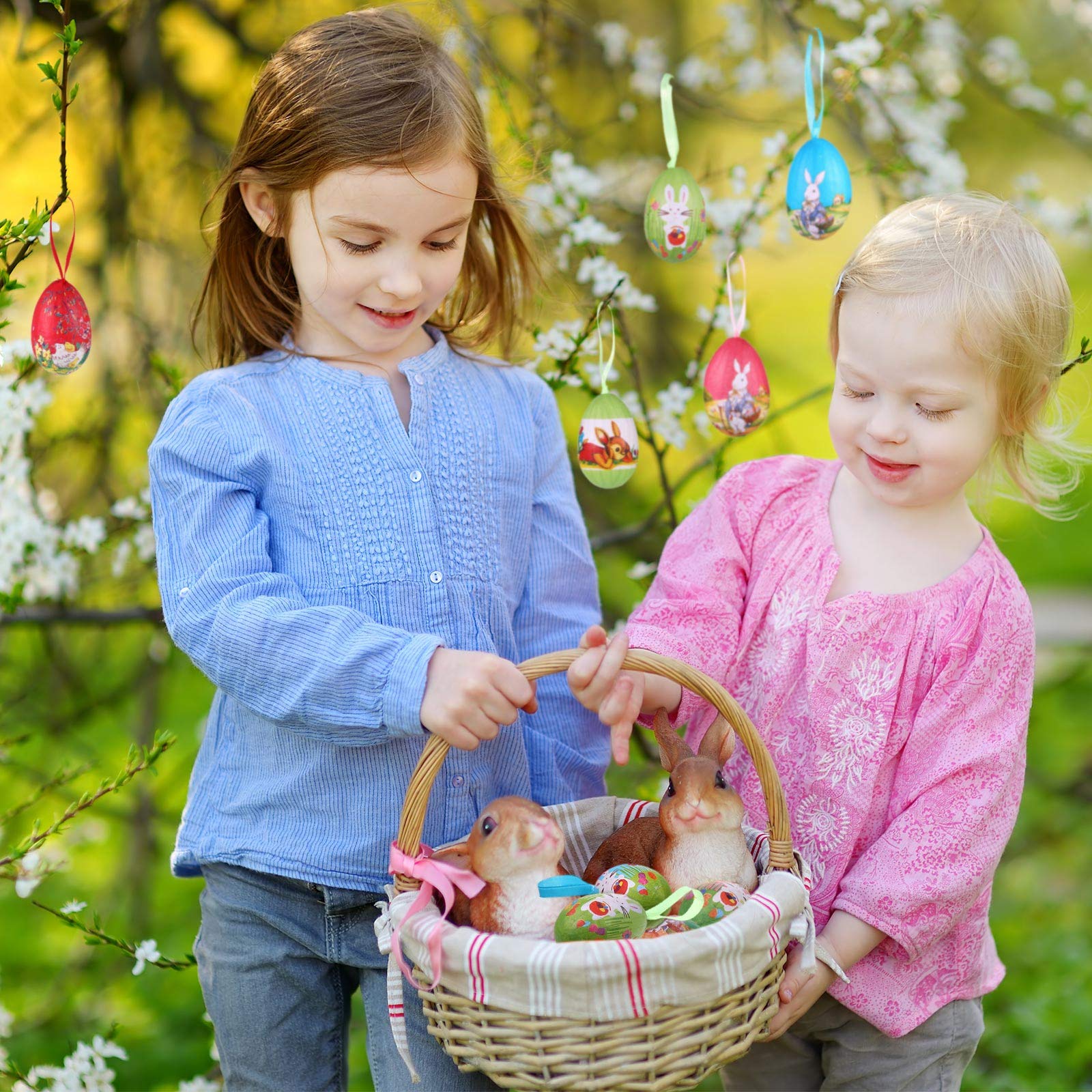 25 Pieces Paper Mache Egg Hanging Ornaments Easter Decoration, Foam Easter Bunny Hen and Egg Ornaments for Party Garden Home Decoration