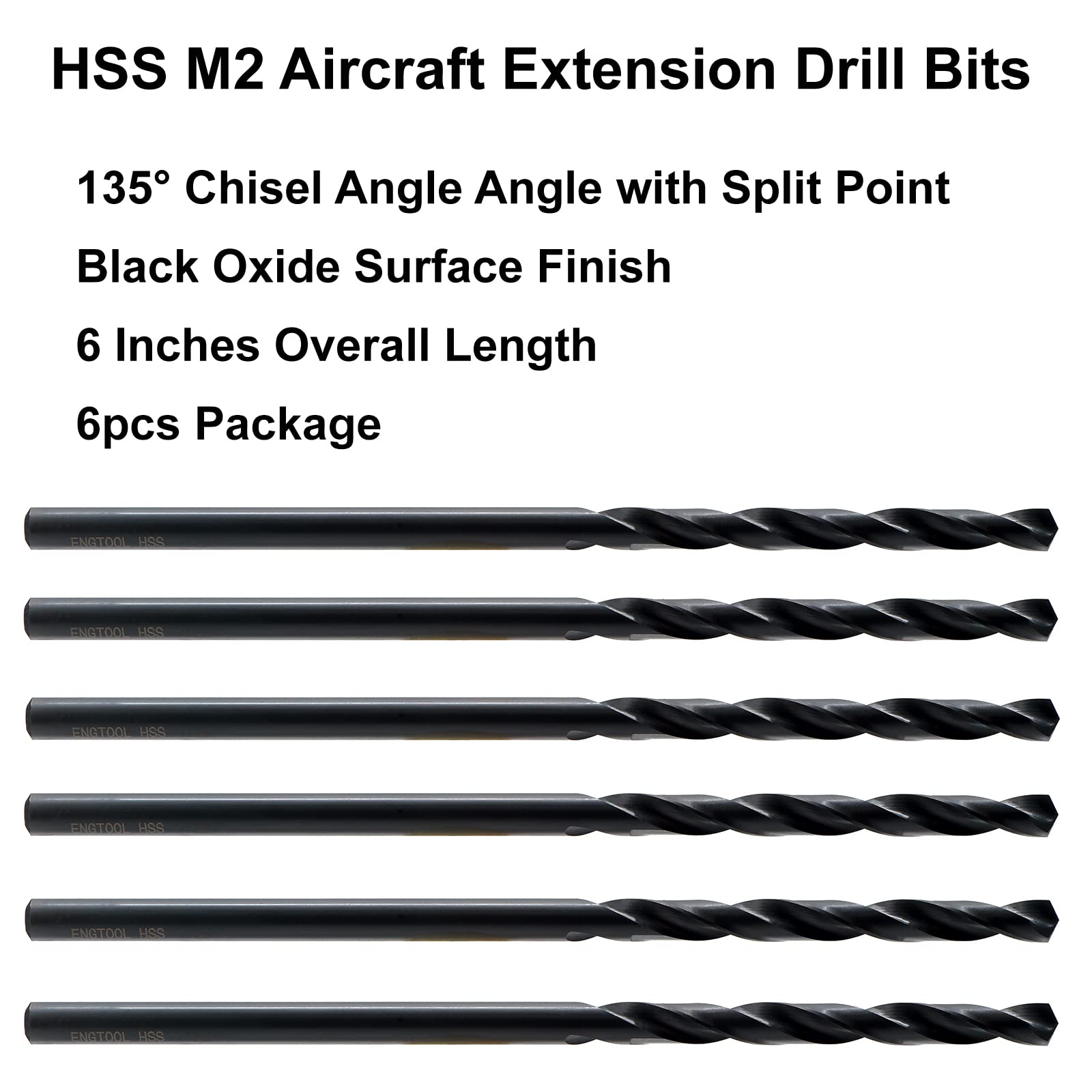 MAXTOOL 1/16"x6" 6pcs Identical Aircraft Extension Drills HSS M2 Extra Long Deep Twist Drill Bits Straight Shank Fully Ground Black; ACF02B06R04P6