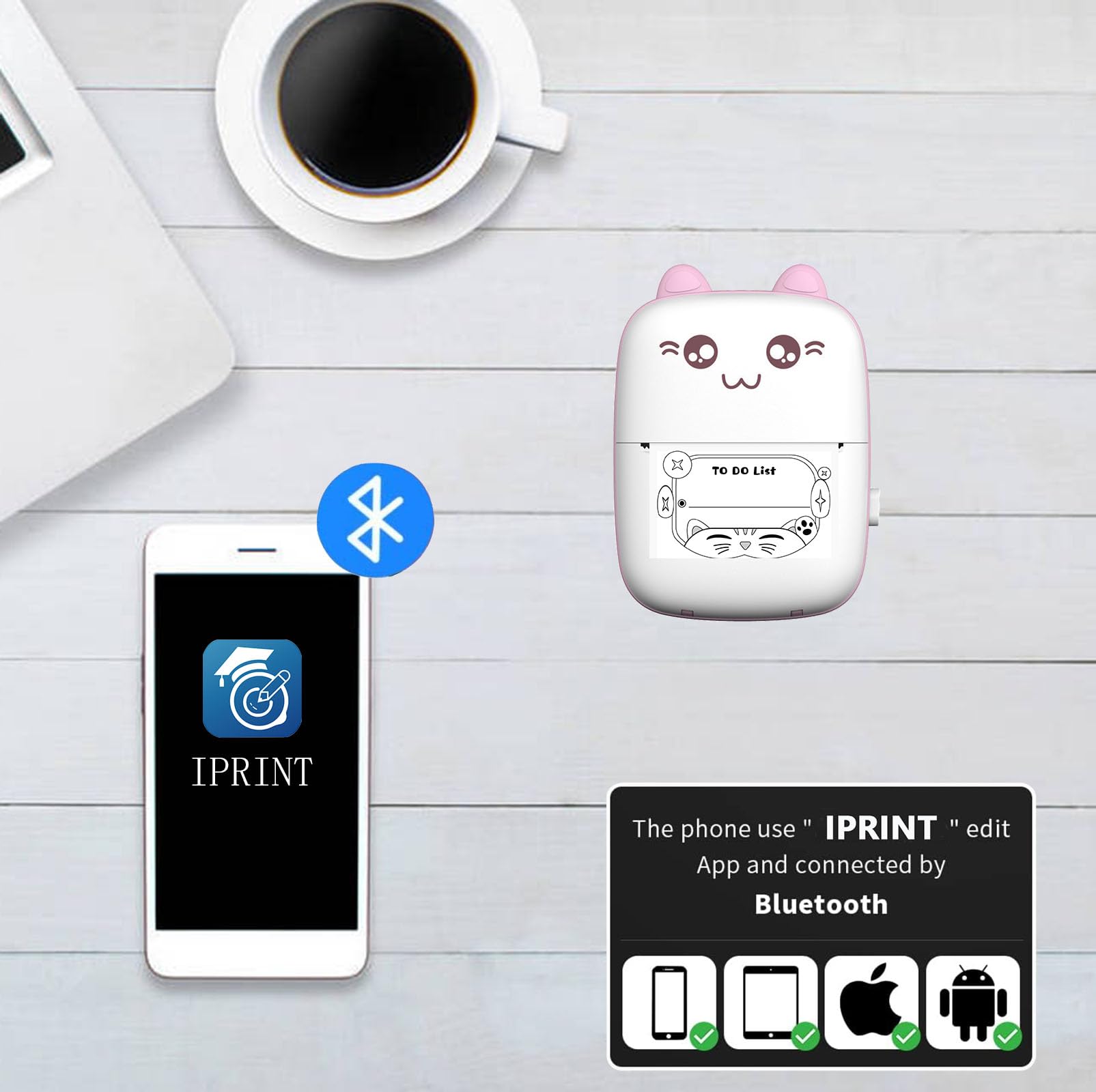 Fernuenx Mini Portable Printer, Wiresless Bluetooth Inkless Pocket Thermal Printer with 6 Rolls of Thermal Paper for Android iOS Phone,Gift for Notes Study Travel Photos Office Home,Pink