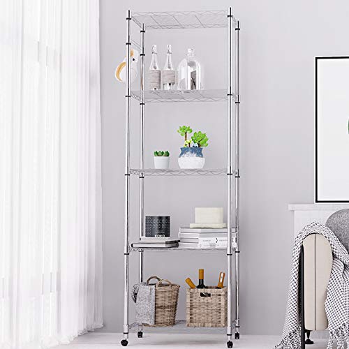 BATHWA 5-Shelf Wire Shelving Units, Sturdy Metal Shelf Chrome Organizer Wire Rack with 360° Wheels, Adjustable Utility Storage Shelves for Garage, Kitchen, Living Room, Bathroom, 23.2L x 13.8W x 72H
