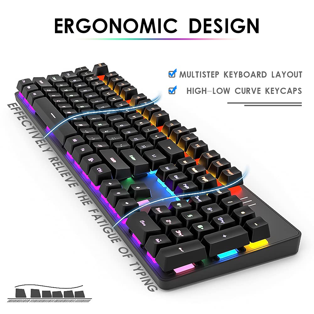 Alkem Mechanical Gaming Keyboard with Rainbow Backlit 104 Keys Gaming Keyboard USB Wired Keyboard with Blue Switch Anti-Ghosting Full Size Keyboard for Windows PC MAC Games (Black)