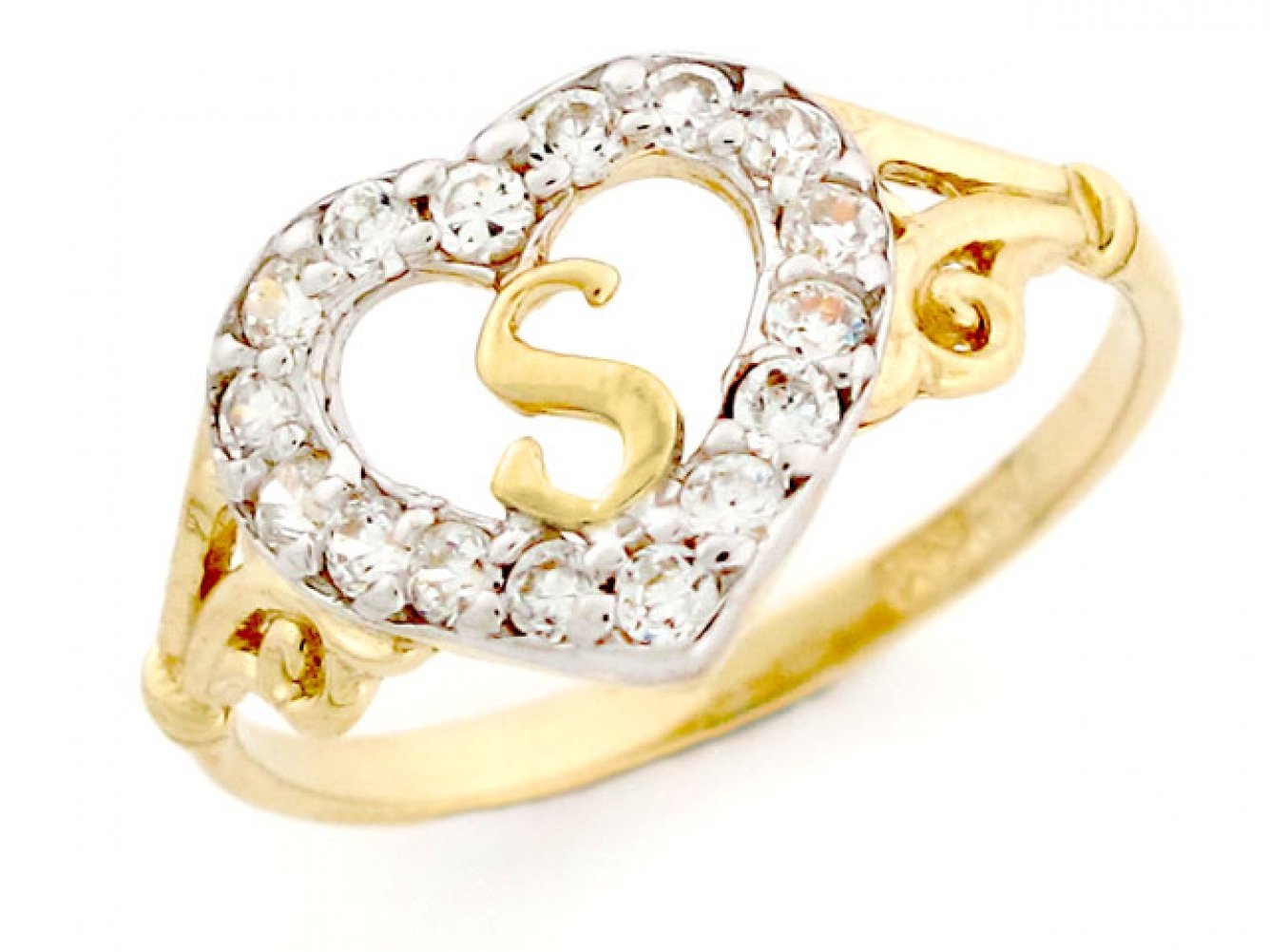 10k Gold Heart Shape Letter 's' Initial CZ Ring Jewelry