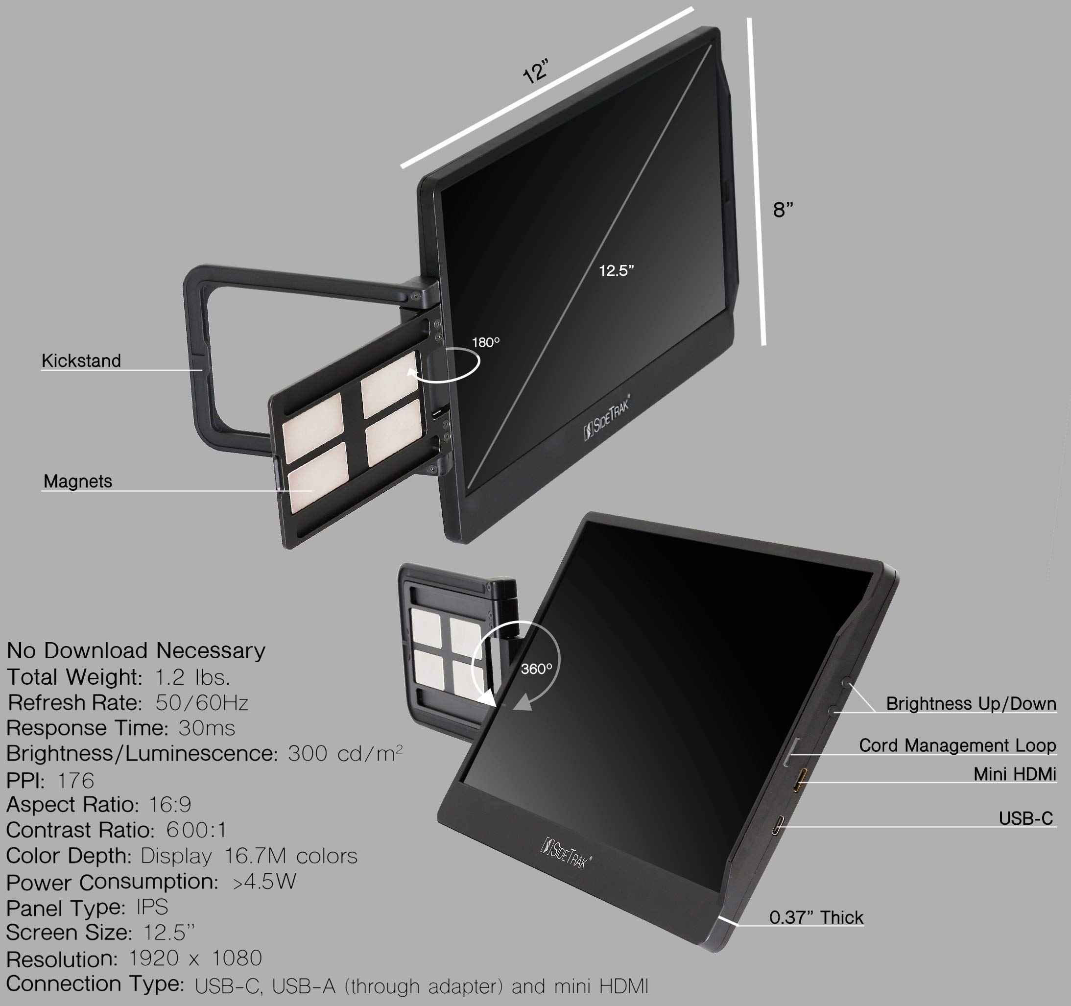SideTrak Swivel Attachable Portable Monitor for Laptop 12.5” FHD IPS Laptop Screen with 14” Protective Case | Compatible with Mac, PC, & Chrome | Fits All Laptop Sizes | Powered by USB-C or Mini HDMI