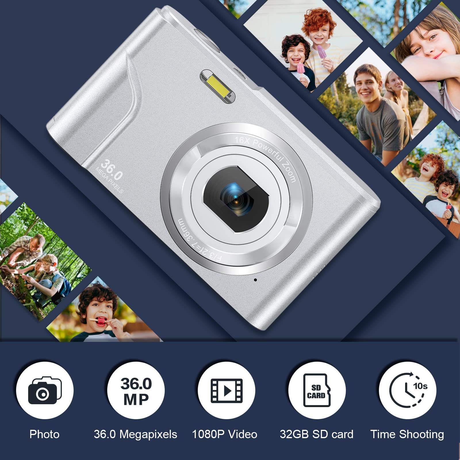 Digital Camera for Kids Boys and Girls - Digital Camera, Full HD 1080P 36.0 Mega Pixels Vlogging Camera with 16X Digital Zoom, LCD Screen for Students, Teens, Kids (Silver)