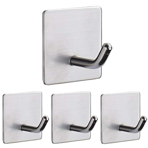4 Packs Adhesive Hooks, Veriya Stainless Steel Self Adhesive Door Hook Wall Hanger, Heavy Duty Hanging Holder, Stick on Wall, Door, Bathroom Toilet Kitchen Office Closet Cabinet (Silver)
