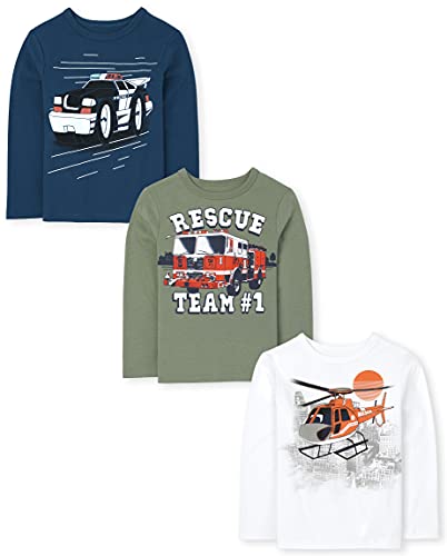 The Children's Place Baby Boys And Toddler Long Sleeve Multi Color Graphic T-shirt, 3 Pack, Police Car/Fireturck/Helicopter, 3T US
