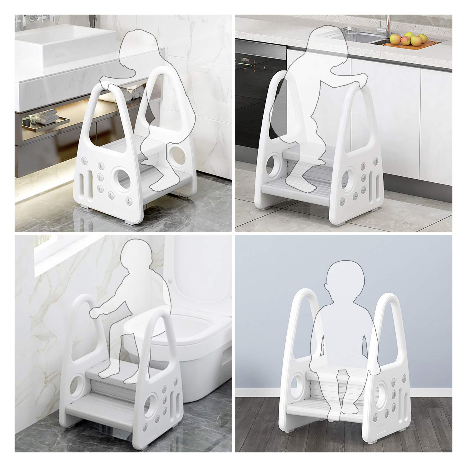 Toddler Step Stool for Bathroom Sink, Kids Two Step Stool for Toilet Potty Training and Kitchen Counter, Children Step Up Learning Helper Tower with Safety Handles and Non-Slip Pads,Gray