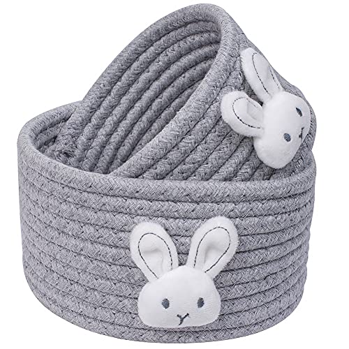 LixinJu Small Basket for Organizing Small Woven Basket Set of 2 Bunny Small Rope Basket Decorative Mini Storage Bins Round Little for Desk Dog Cat Toy Kids Baby Girls Gifts, Gray