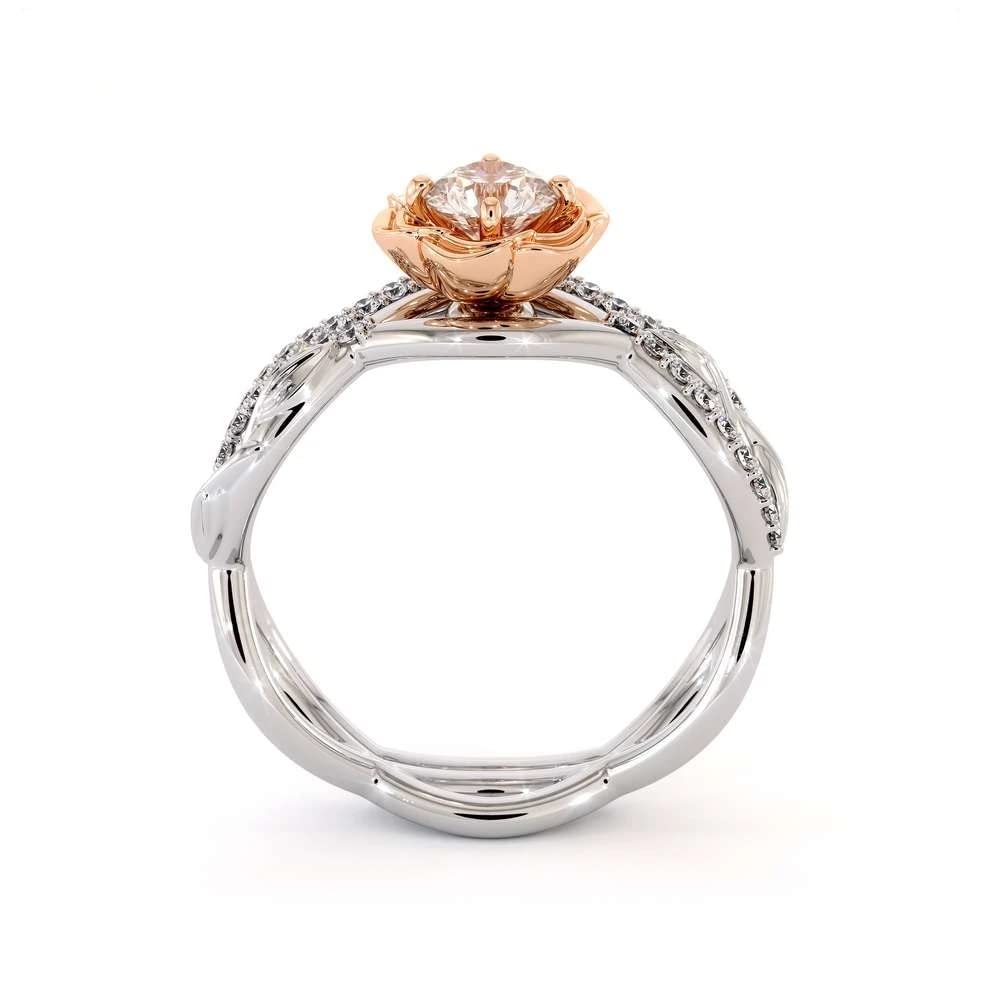 1.8 Ct Round Cut White Diamonds Flower Leaf Twisted Band Two Tone Bridal Wedding Ring Set, 925 Sterling Silver Rhodium Plated (7, Two Tone Finish)