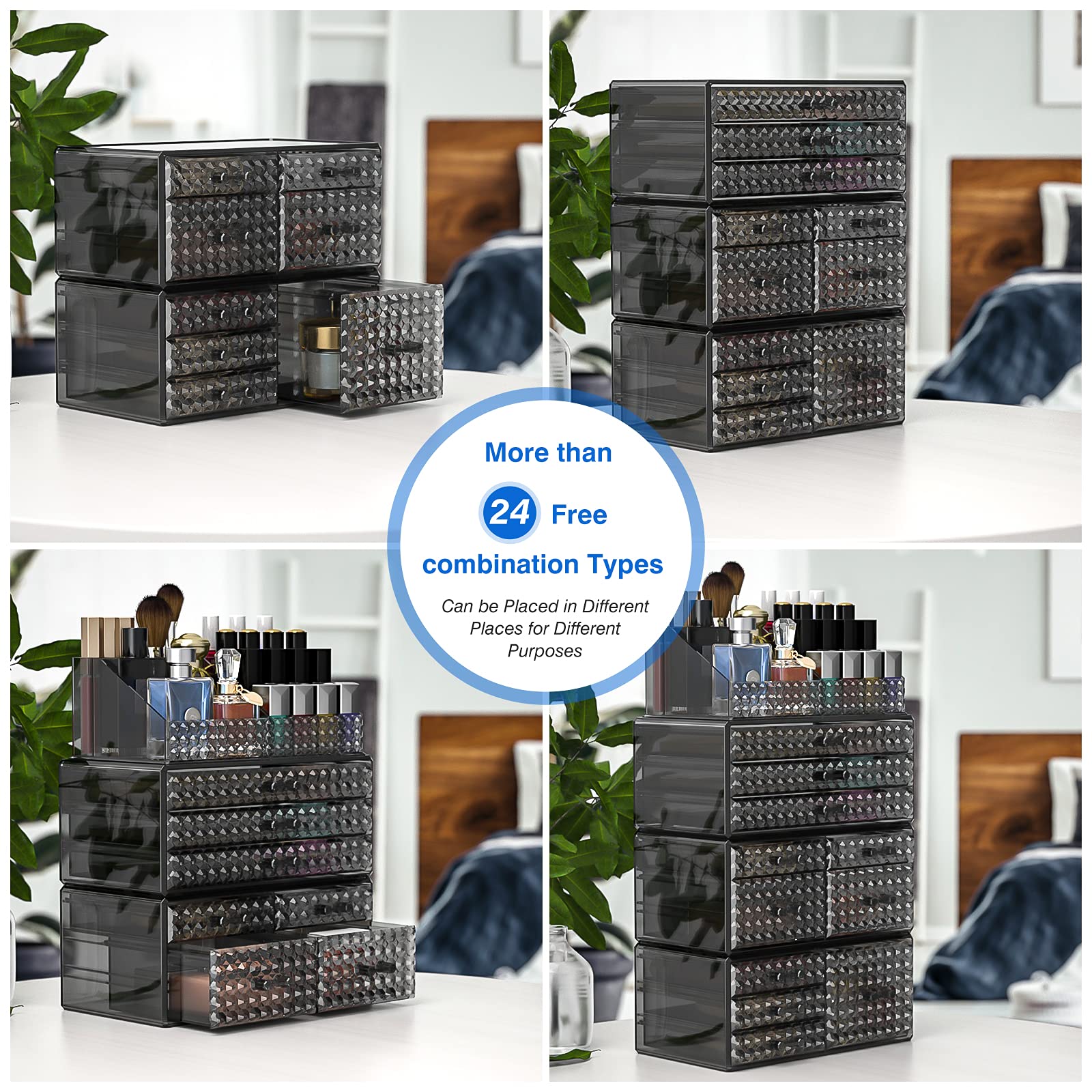 Awenia 4 Pack Stackable Makeup Organizer[Upgraded],Acrylic Cosmetics Storage Large Capacity with 11 Drawers For Brush Holder,Perfume or Jewelry Display,Plus Size| Ship from USA(Gray)