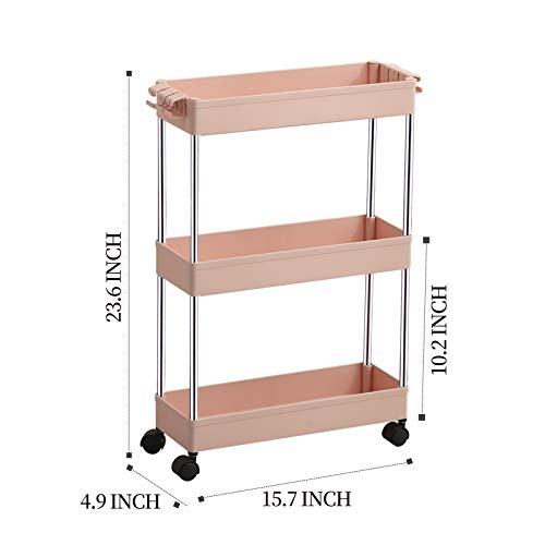 DILUOOU 3 Tier Slim Storage Cart, Mobile Shelving Unit Organizer Slide Out Rolling Storage Racks with Wheels, for Kitchen Bathroom Laundry Room Narrow Places,Pink