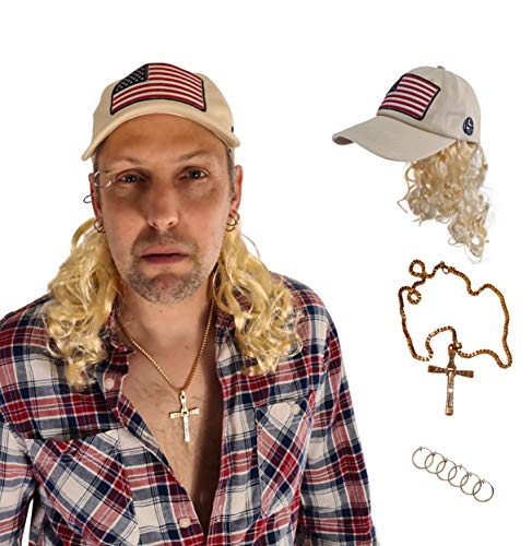 Country Hick Costume Set - USA Hat with Blonde Wig - Cross Necklace - Earrings -