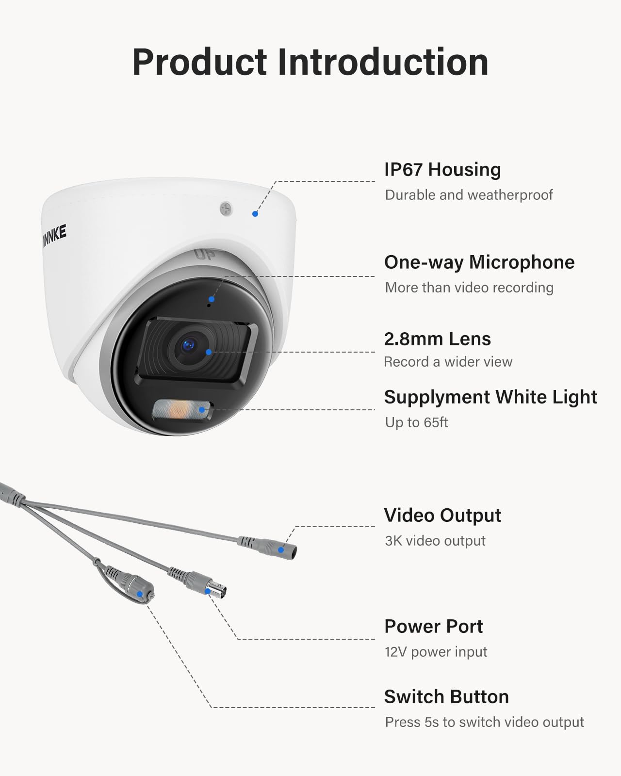 ANNKE 3K Add-On Security Camera with Full Color Night Vision, 4-in-1 TVI/AHD/CVI/CVBS CCTV Surveillance Turret Cam with Built-in Mic, 2.8mm Lens, IP67 Weatherproof, (Cable & Adapter Included)