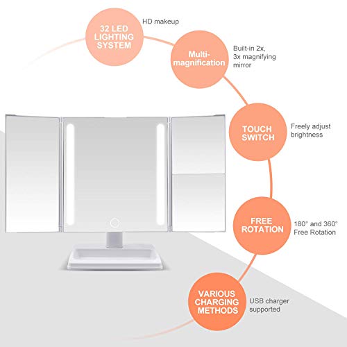 KXA Tri-Fold Makeup Mirror, Light Up Mirror/LED Lighted Make-Up Mirror 2 X 3X Magnifying Illuminated Cosmetic Mirror with LED Lights Desk Free Standing