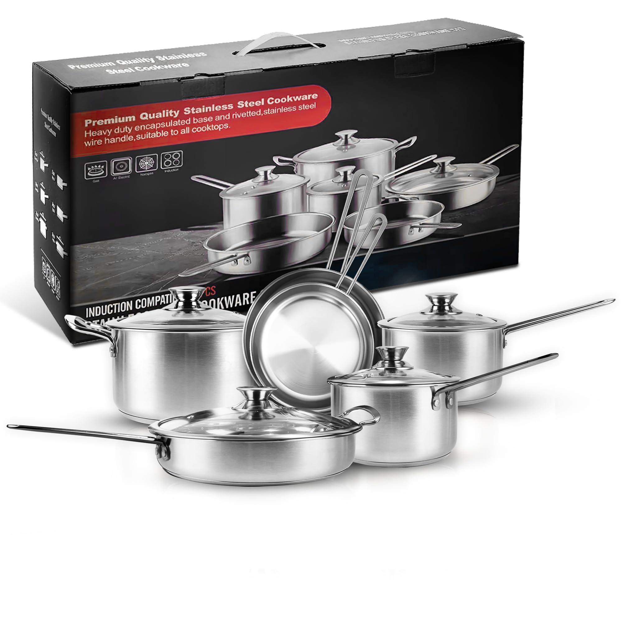 10-Piece Stainless Steel Pots and Pans Set, Kitchen Cookware Sets, Induction Pots and Pans, Cooking Set with Glass Lids, Frying Pans & Saucepan Compatible with All Stovetops