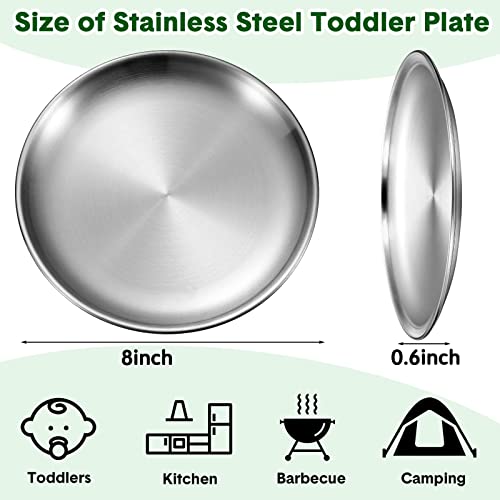 10 Pcs 18/8 Stainless Steel Plate 304 Stainless Steel Dishes 8 Inches Adult Plates Reusable Camping Plates Dishwasher Safe Feeding Serving Flat Plate Double Layers Round Dessert Plate (Silver)