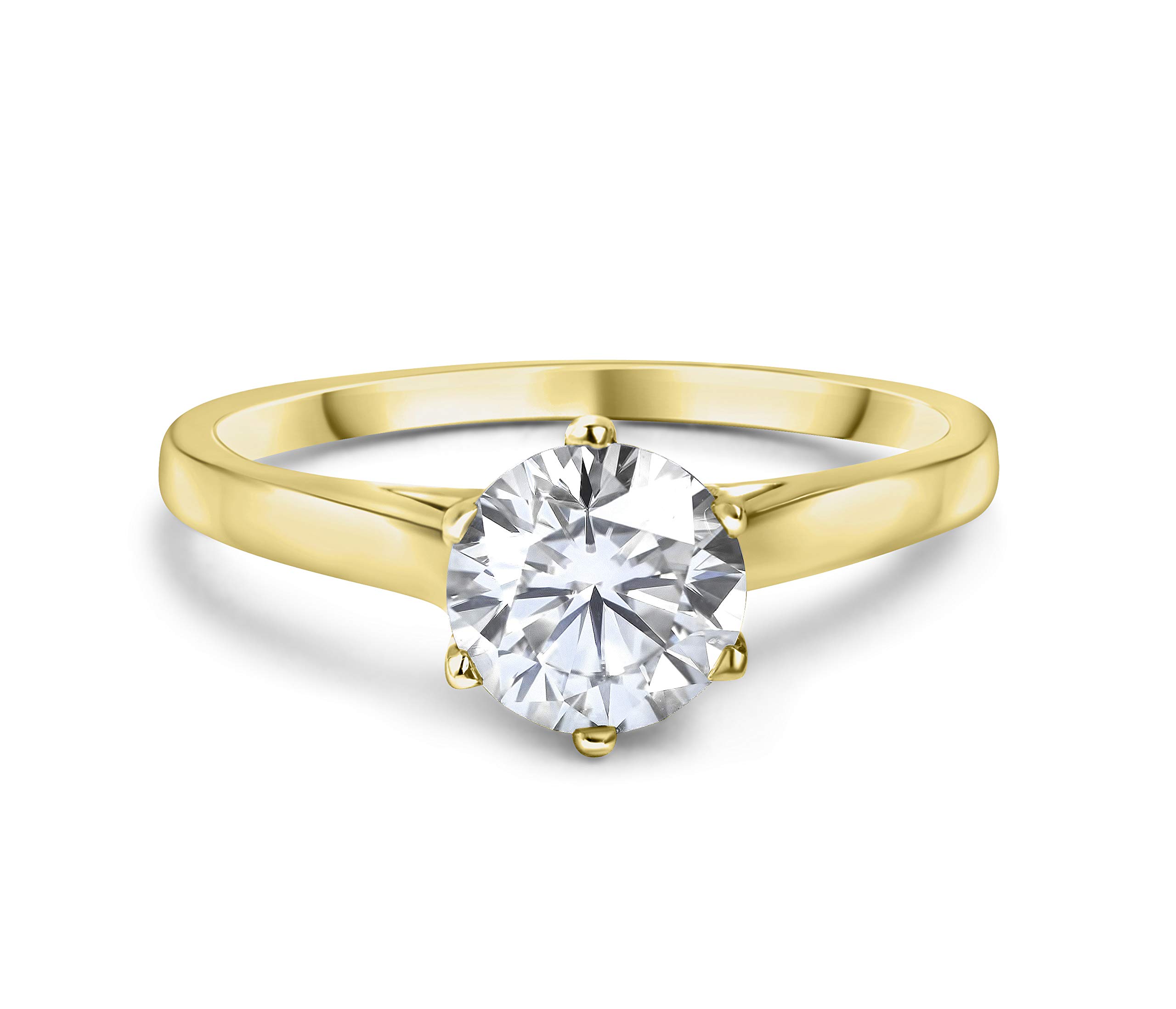10k Solid Gold 6 Prong Round Moissanite Solitaire Engagement Ring for Women 1ct DEW G-H Color VVS1 Quality (Yellow Gold, 6.5)