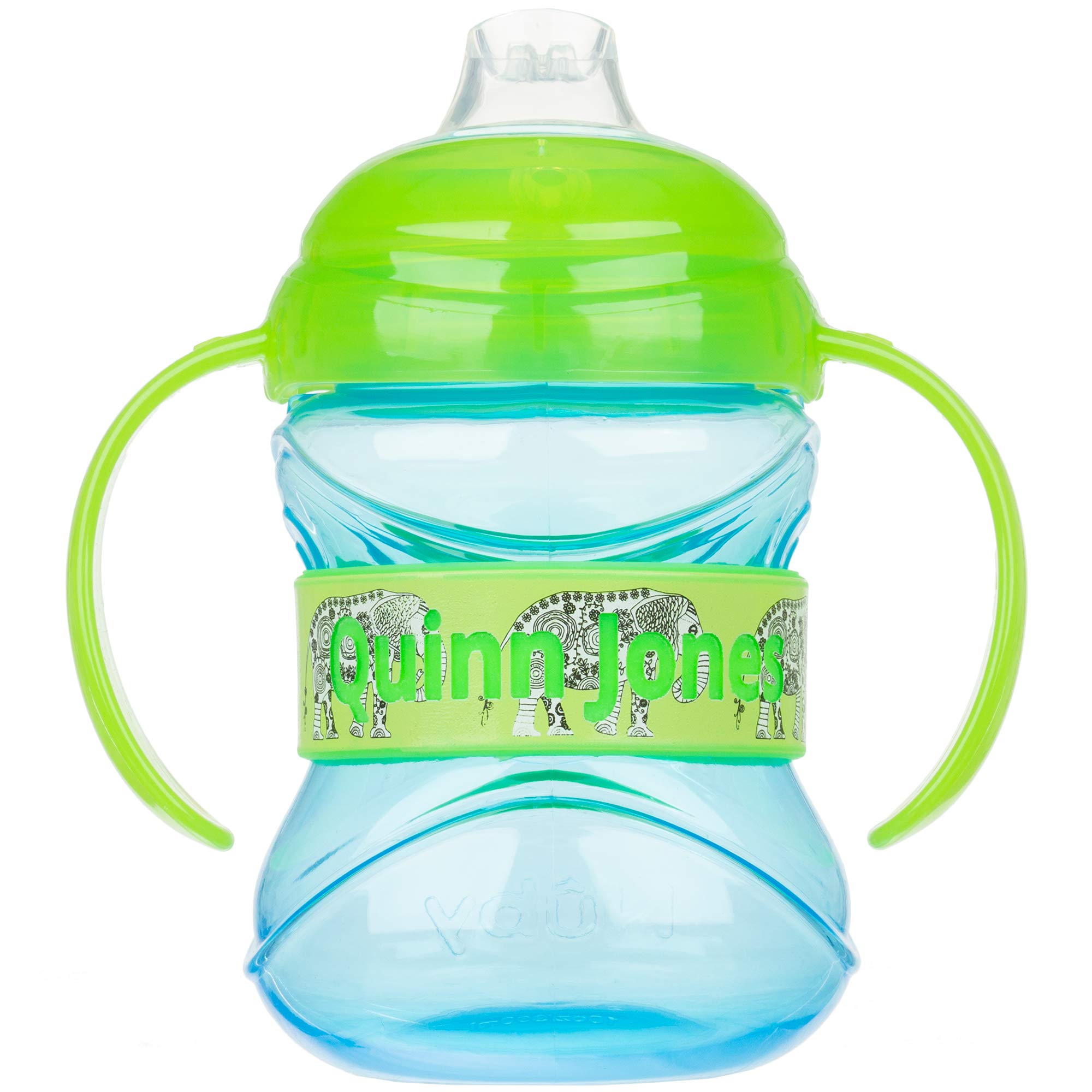 Custom Bottle Labels - 3 Pack - Silicone Bands for Baby Bottles, Kids Tumblers, Water Flasks - Personalized Pre-Printed Name, Waterproof School and Daycare Drink Identifiers - Green Elephants