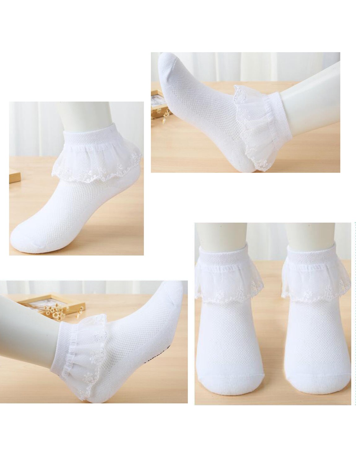 5 Pack of Girls White Lace Ruffle Socks Cotton Baby, M(3-6T)