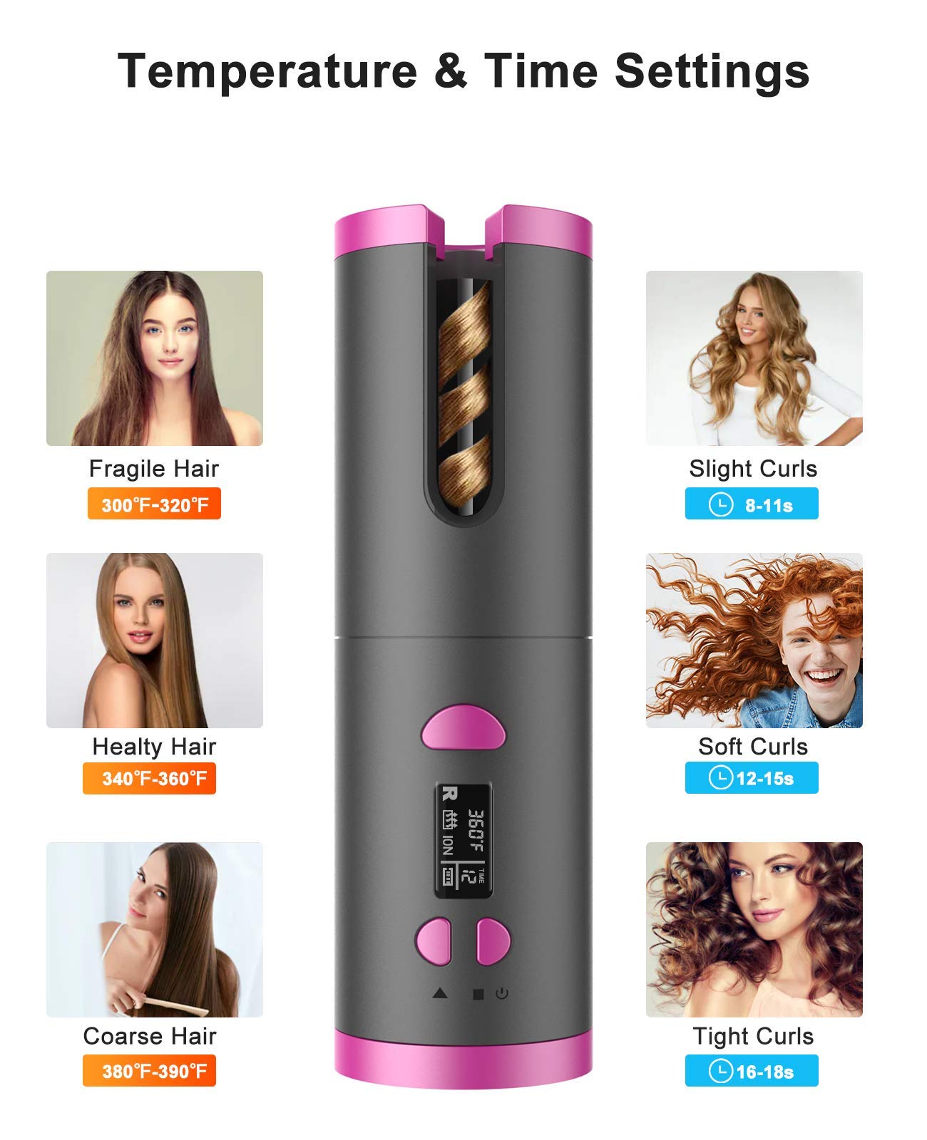 Curling Iron Automatic Cordless Hair Curler with 6 Temperature & Timer Settings, Portable Auto Shut-Off Rechargeable Curling Wand for Girls
