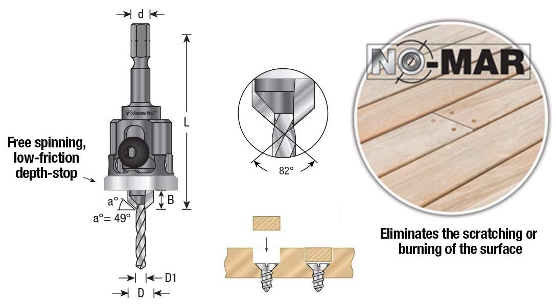 Amana Tool 55180 Carbide Tipped 82 Degree Countersink with Adjustable Low Friction Depth Stop For Festool CENTROTEC System 3/8 D x 7/64 Drill D