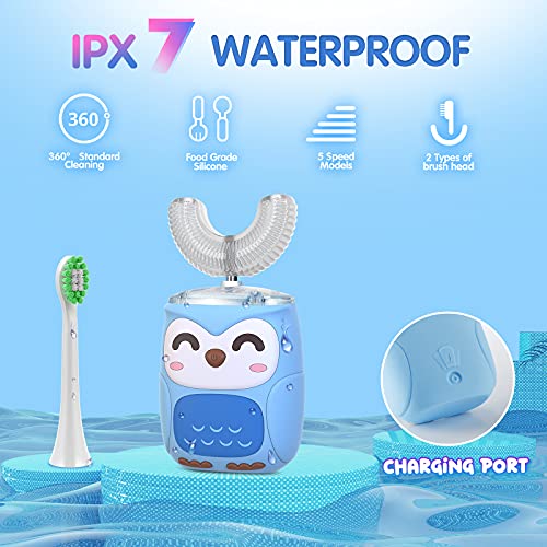 Flying Ideas Kids Electric Toothbrush, U Shaped Toothbrush, Ultrasonic Automatic Toothbrush Kids with 6 Modes, Full/Whole Mouth Baby Toothbrush, IPX7 Waterproof(Light Blue)