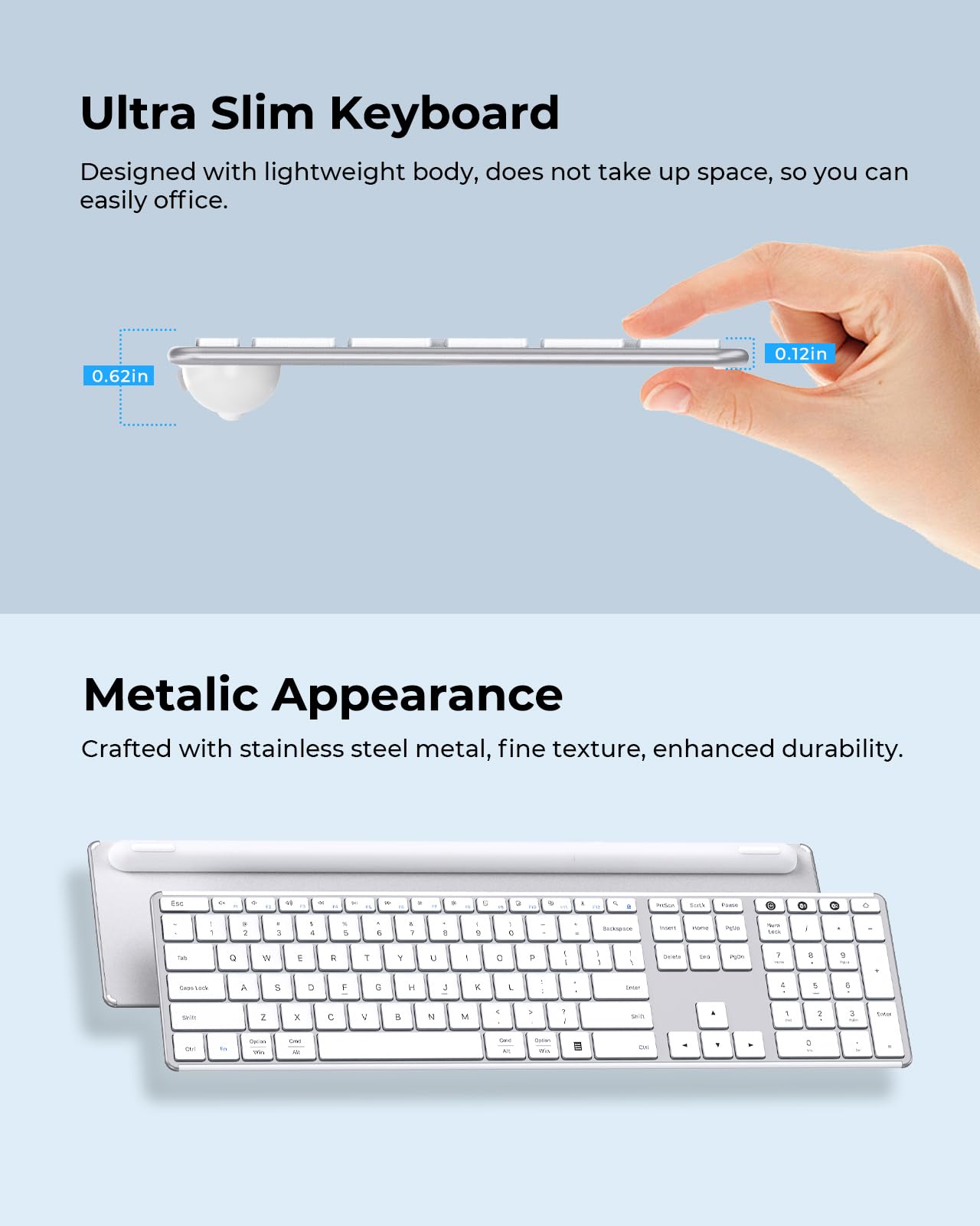 Wireless Bluetooth Keyboard and Mouse Combo (USB + Dual BT), seenda Multi-Device Rechargeable Slim Keyboard and Mouse, Compatible for Win 7/8/10, MacBook Pro/Air, iPad, Tablet - White Silver