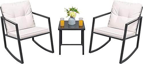 Greesum 3 Pieces Rocking Wicker Bistro Set, Patio Outdoor Furniture Conversation Sets with Porch Chairs and Glass Coffee Table, Beige
