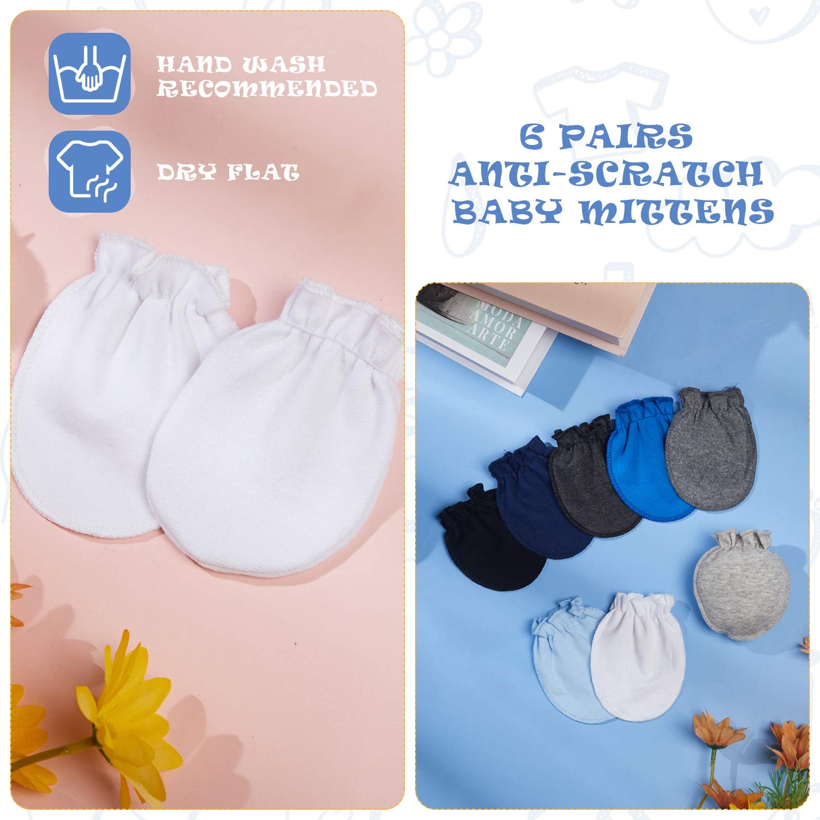 6 Pairs Newborn Baby Mittens No Scratch Infant Gloves Mitten for Baby 0-6 Months (White, Light Grey, Black, Medium Grey, Black Grey, Navy Blue)