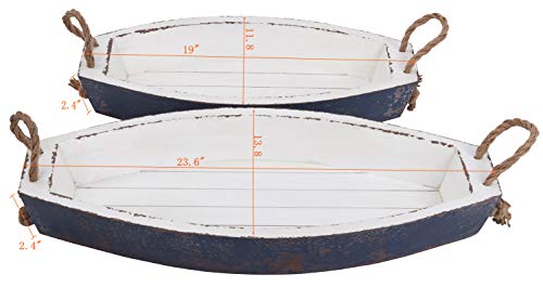 Distressed White Nesting Wood Serving Tray for Eating with Rope Handles,Set of 2 Farmhouse Handwork Boat Shaped Large Decoration Serving Trays for Party Kitchen Counter, Dining Room Coffee Table