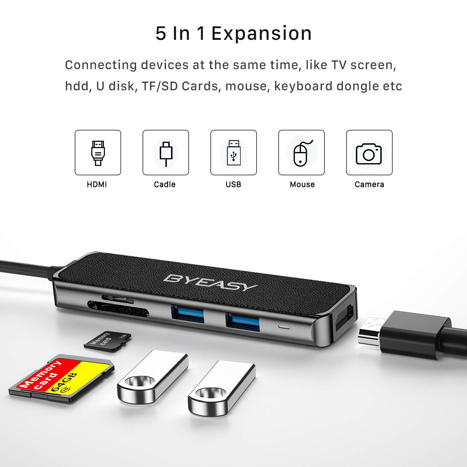 USB C Hub, BYEASY Zinc Alloy USB C Adapter Hub, with 4K HDMI Output, SD and microSD Card Reader, 2 USB 3.0 Ports for MacBook Pro 2019/2018/2017, iPad Pro 2019/2018, Pixelbook, XPS (UC-197)