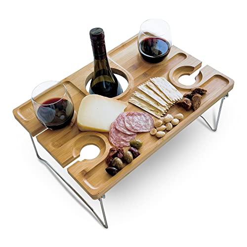 Comfort Theory Bamboo Wine Picnic Table | Collapsible Tray for Indoor & Outdoor Use | Perfect Wine Lover Gift | Folding Table with Wine Glass & Hard Seltzer Can Holders | Wine & Cheese Server