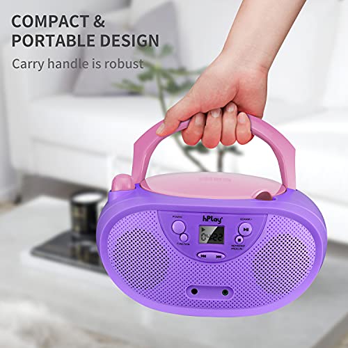 hPlay Gummy GC04 Portable CD Player Boombox with Digital Tunning AM FM Stereo Radio Kids CD Player LCD Display, Aux-Port Supported AC or Battery Powered - Pastel Violet